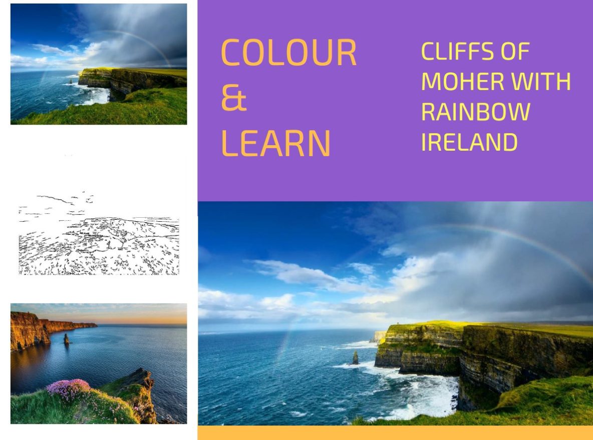 Cliffs of Moher with rainbow free colouring page Colour & Learn Travel ...